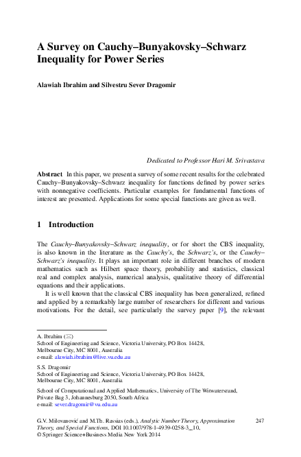 (PDF) A Survey on Cauchy–Bunyakovsky–Schwarz Inequality for Power Series