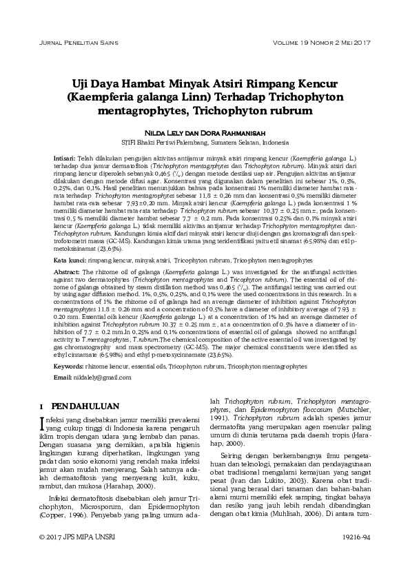 (PDF) Uji Daya Hambat Minyak Atsiri Rimpang Kencur (Kaempferia galanga ...