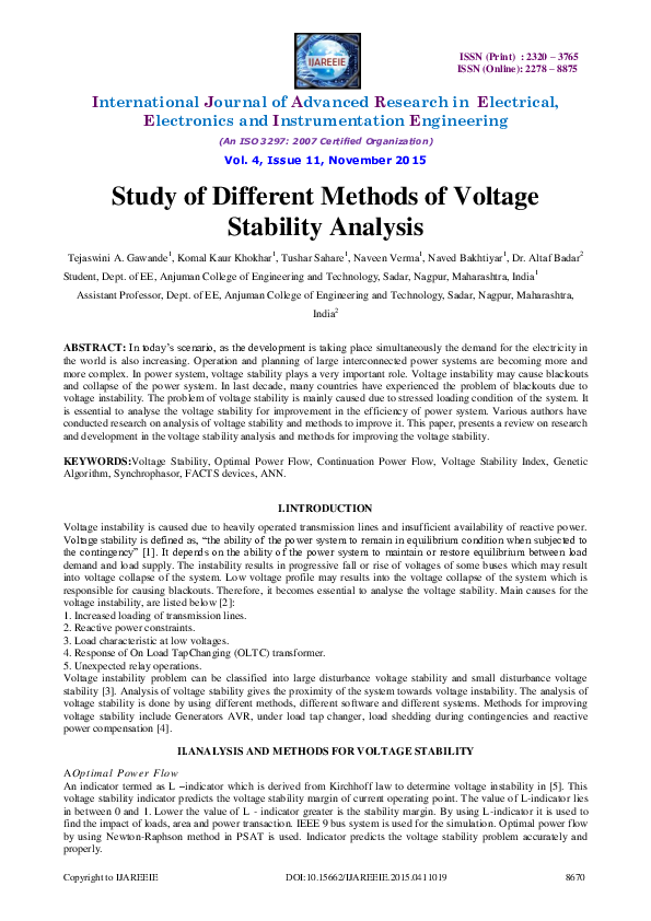 (PDF) Study of Different Methods of Voltage Stability Analysis