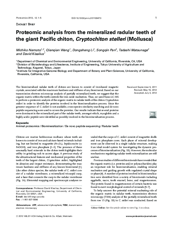 (PDF) Proteomic analysis from the mineralized radular teeth of the ...