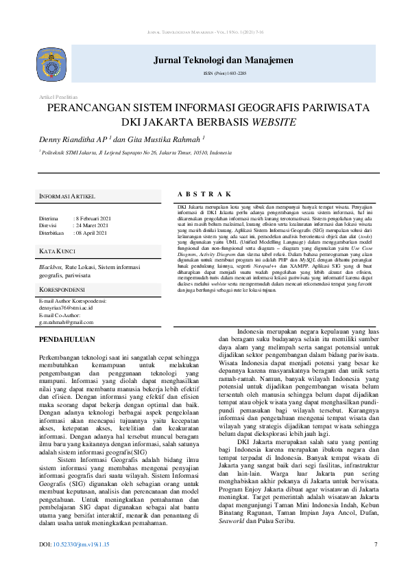 (PDF) Perancangan Sistem Informasi Geografis Pariwisata Dki Jakarta Berbasis Website