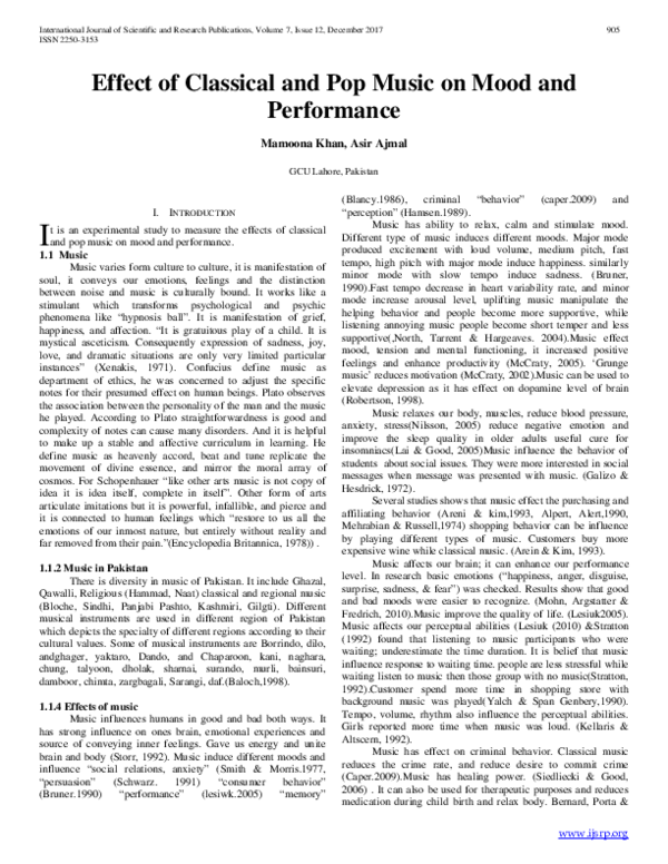 (PDF) Effect of Classical and Pop Music on Mood and Performance