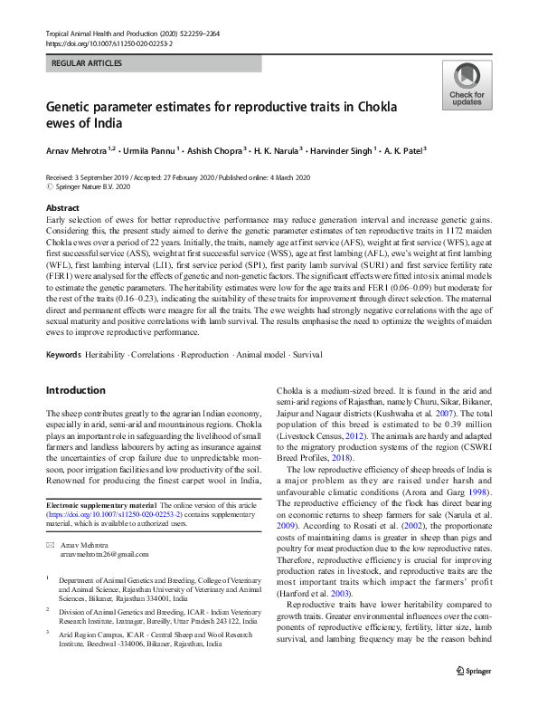 (PDF) Genetic parameter estimates for reproductive traits in Chokla ...