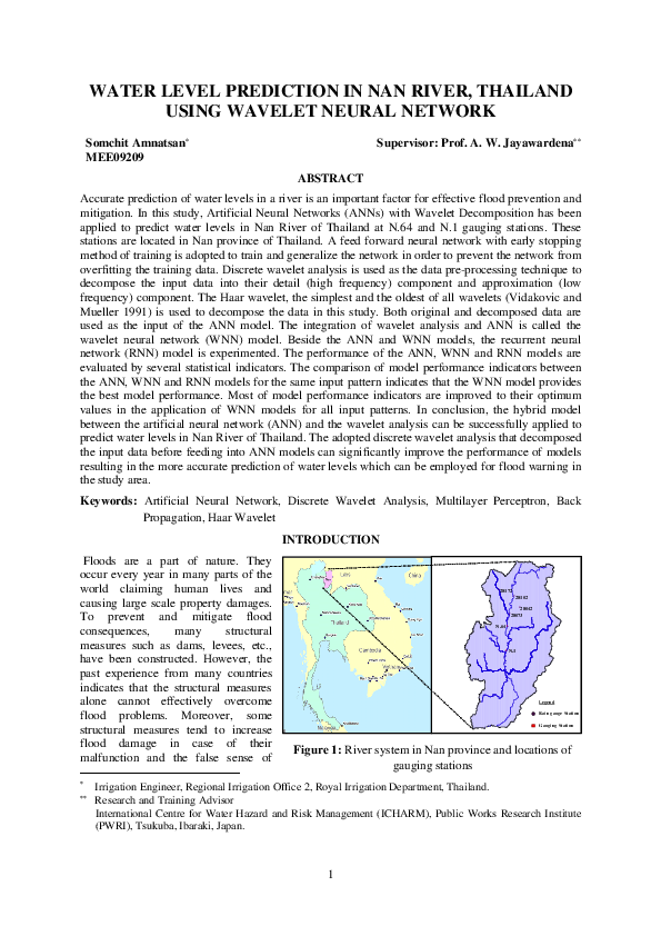 (PDF) Water Level Prediction in Nan River, Thailand Using Wavelet Neural Network