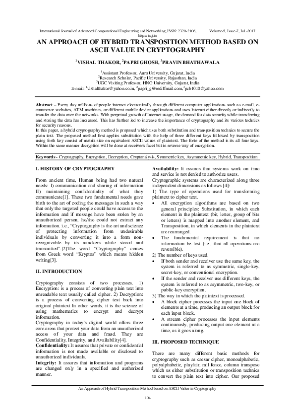 Pdf An Approach Of Hybrid Transposition Method Based On Ascii Value In Cryptography Papri