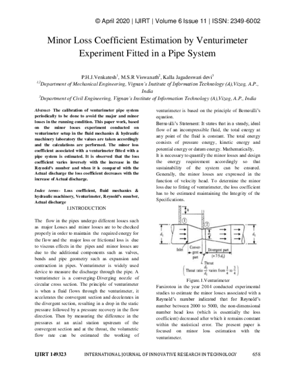 (PDF) Minor Loss Coefficient Estimation by Venturimeter Experiment ...