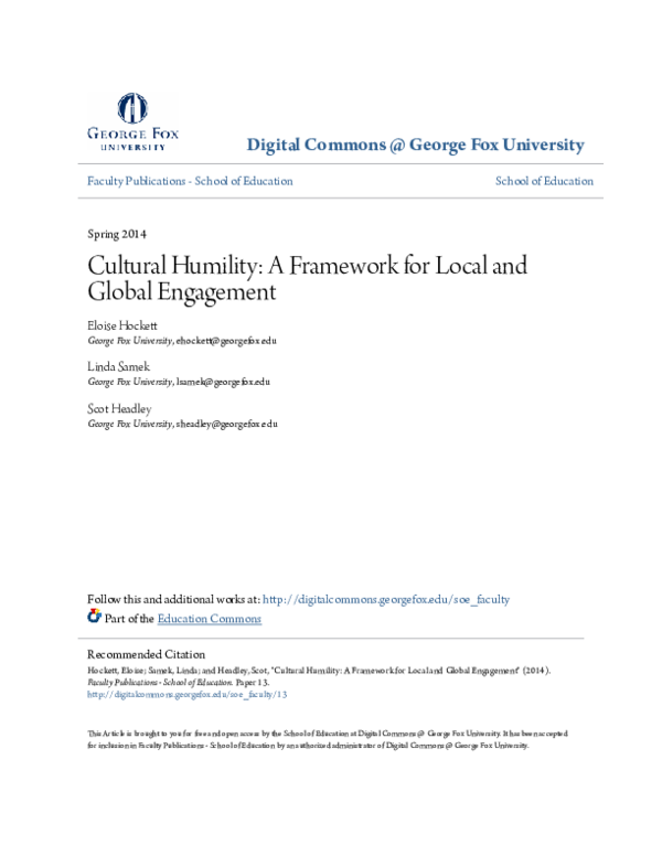 (PDF) Cultural Humility: A Framework for Local and Global Engagement