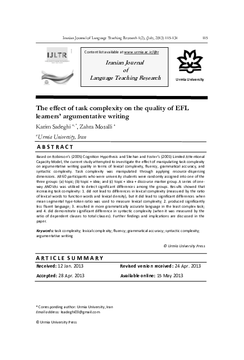 (PDF) The Effect of Task Complexity on the Quality of EFL Learners’ Argumentative Writing