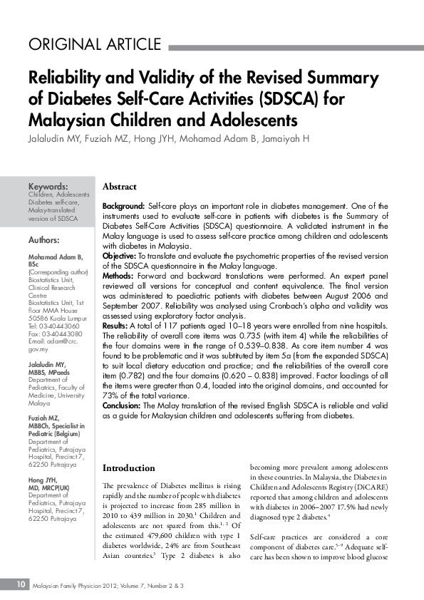 (PDF) Reliability and Validity of the Revised Summary of Diabetes Self ...