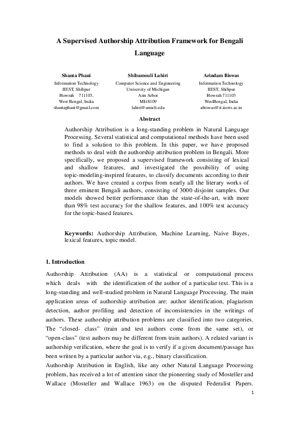 (PDF) A Supervised Authorship Attribution Framework for Bengali Language