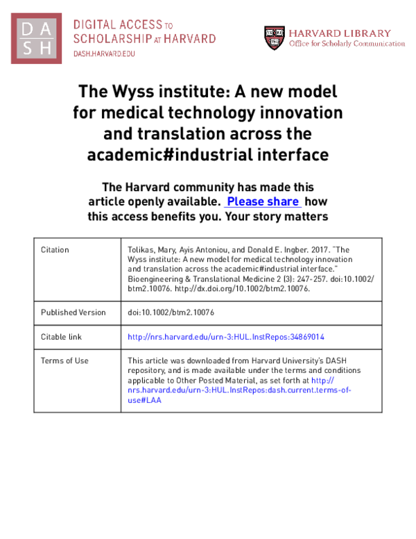 (PDF) The Wyss institute: A new model for medical technology innovation ...