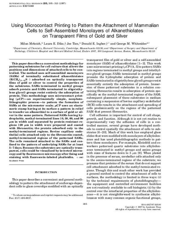 (PDF) Using Microcontact Printing to Pattern the Attachment of Mammalian Cells to Self-Assembled ...