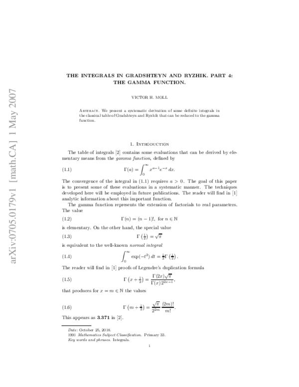 (PDF) The integrals in Gradshteyn and Ryzhik. Part 4: The Gamma function