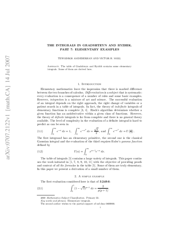 (PDF) The Integrals in Gradshteyn and Ryzhik. Part 7: Elementary ...