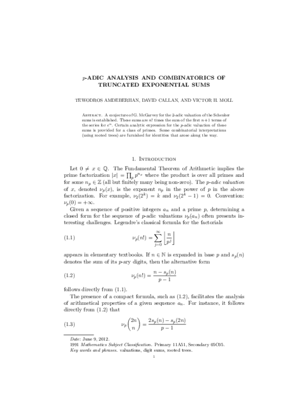 (PDF) p-ADIC ANALYSIS AND COMBINATORICS OF TRUNCATED EXPONENTIAL SUMS