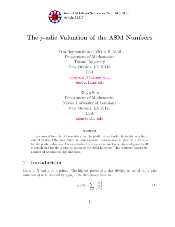 (PDF) The p-adic Valuation of the ASM Numbers