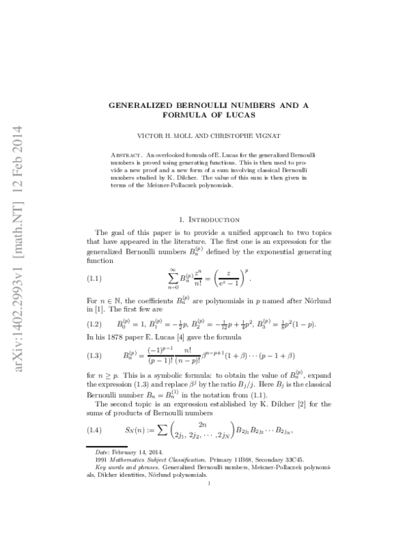 (PDF) Generalized Bernoulli numbers and a formula of Lucas | Victor H ...