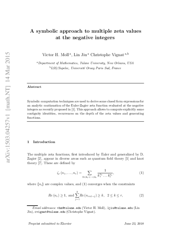 (PDF) A symbolic approach to multiple zeta values at negative integers