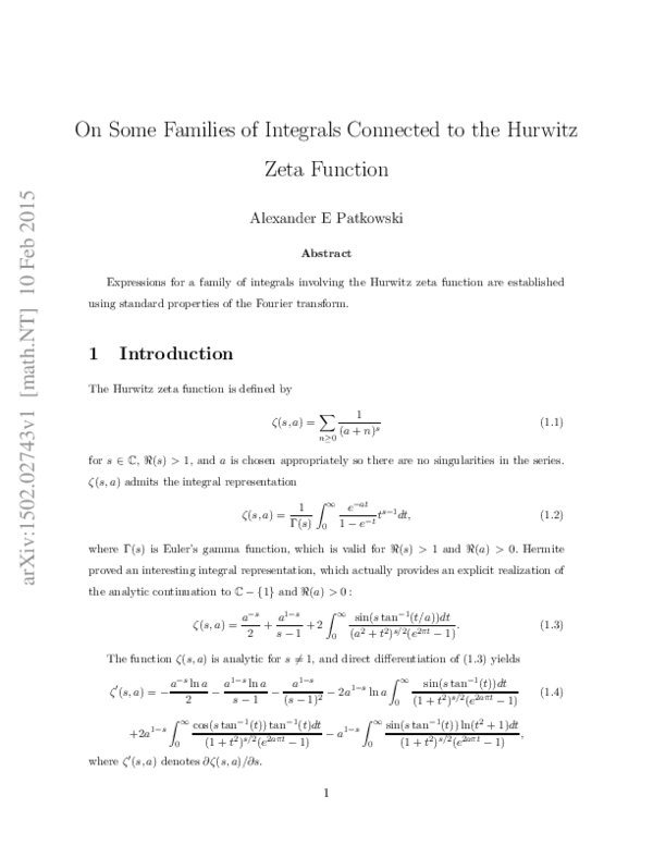 (PDF) On some families of integrals connected to the Hurwitz zeta function