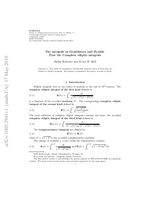 (PDF) The integrals in Gradshteyn and Ryzhik. Part 16: Complete ...