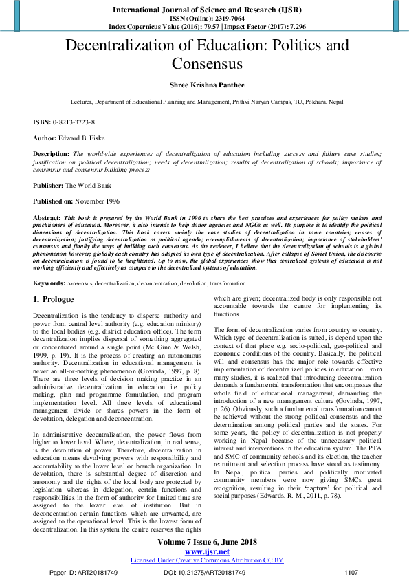 (PDF) Decentralization of Education : Politics and Consensus