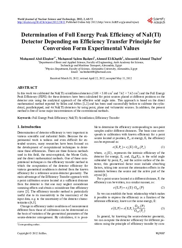 (PDF) Determination of Full Energy Peak Efficiency of NaI(Tl) Detector Depending on Efficiency ...