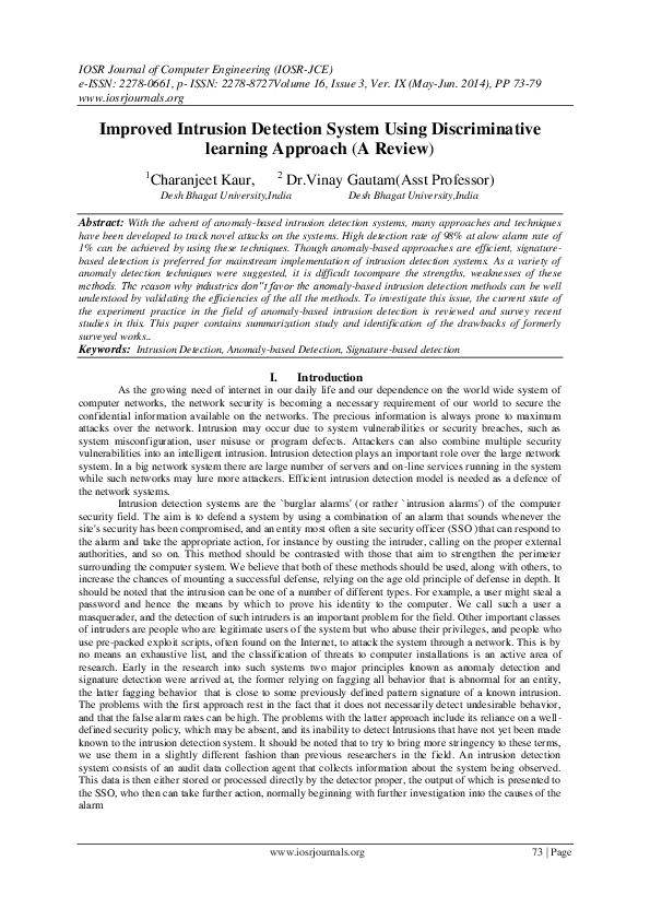 (PDF) Improved Intrusion Detection System Using Discriminative learning Approach (A Review)