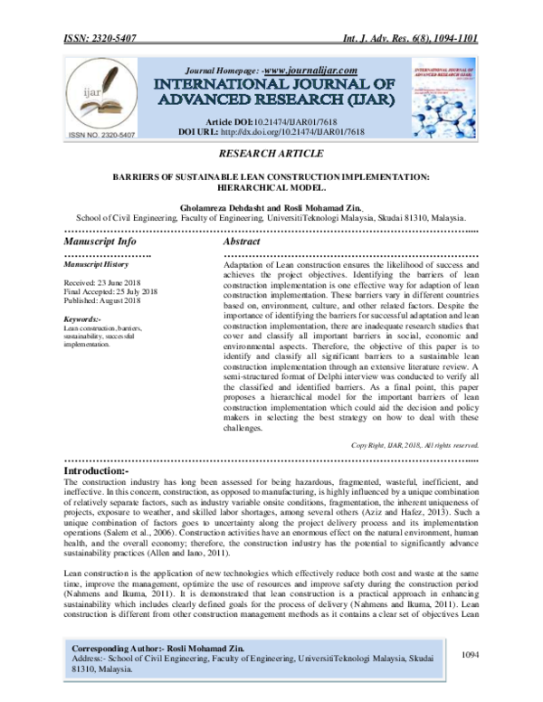 (PDF) Barriers of Sustainable Lean Construction Implementation: Hierarchical Model