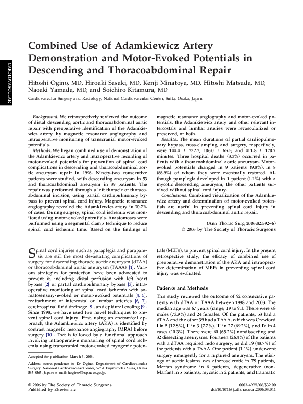 (PDF) Combined Use of Adamkiewicz Artery Demonstration and Motor-Evoked ...