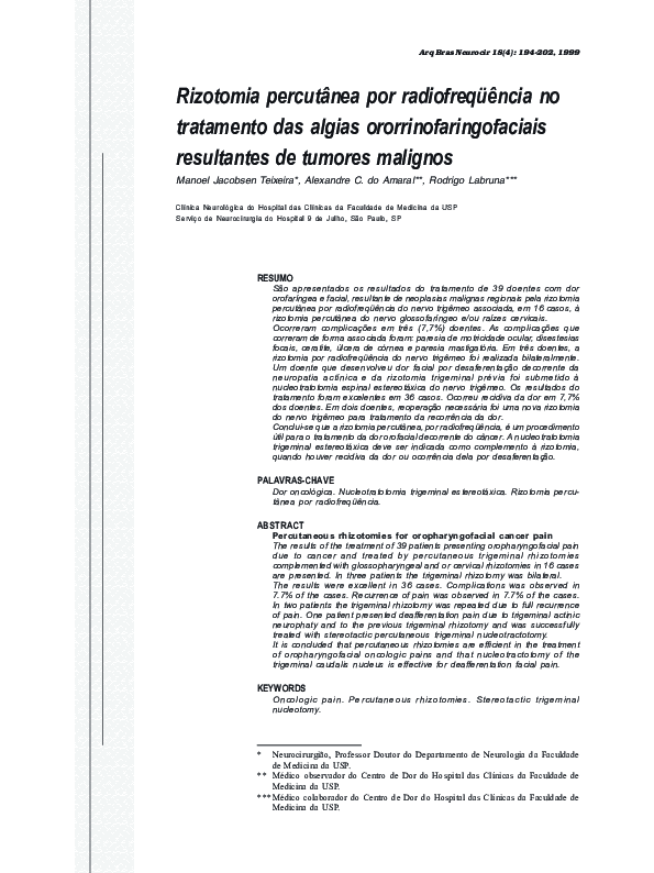 (PDF) Rizotomia percutânea por radiofreqüência no tratamento das algias ...