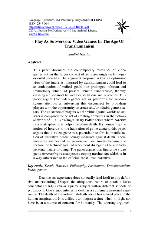 (PDF) Play As Subversion: Video Games In The Age Of Transhumanism