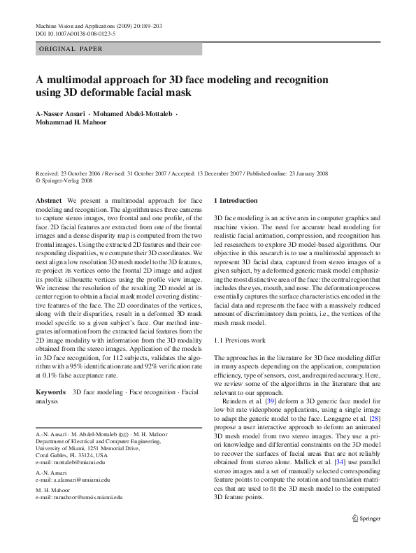 (PDF) A multimodal approach for 3D face modeling and recognition using 3D deformable facial mask ...