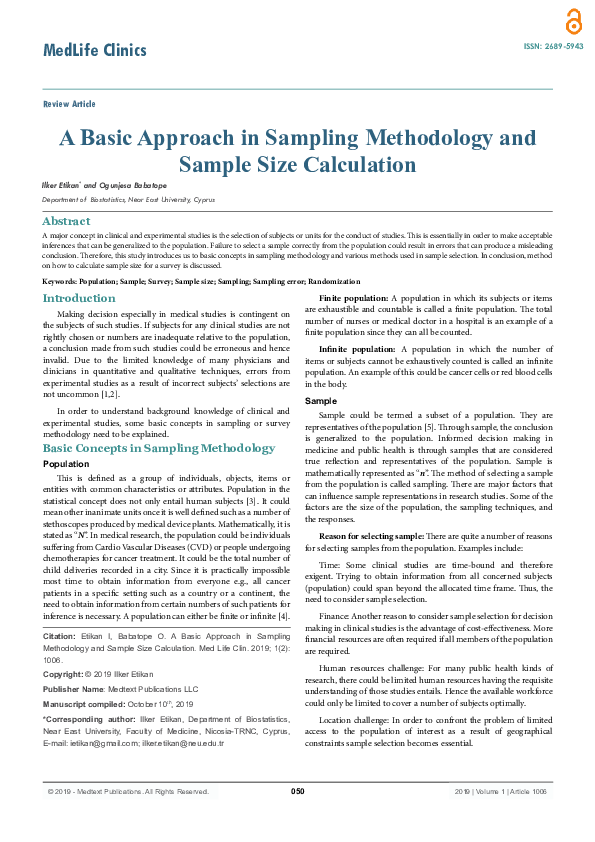(PDF) A Basic Approach in Sampling Methodology and Sample Size Calculation