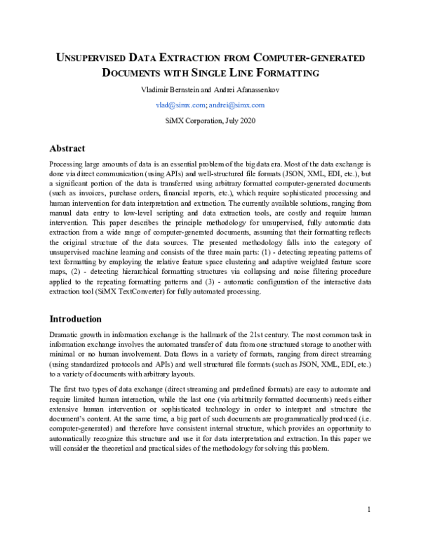 Pdf Unsupervised Data Extraction From Computer Generated Documents With Single Line Formatting