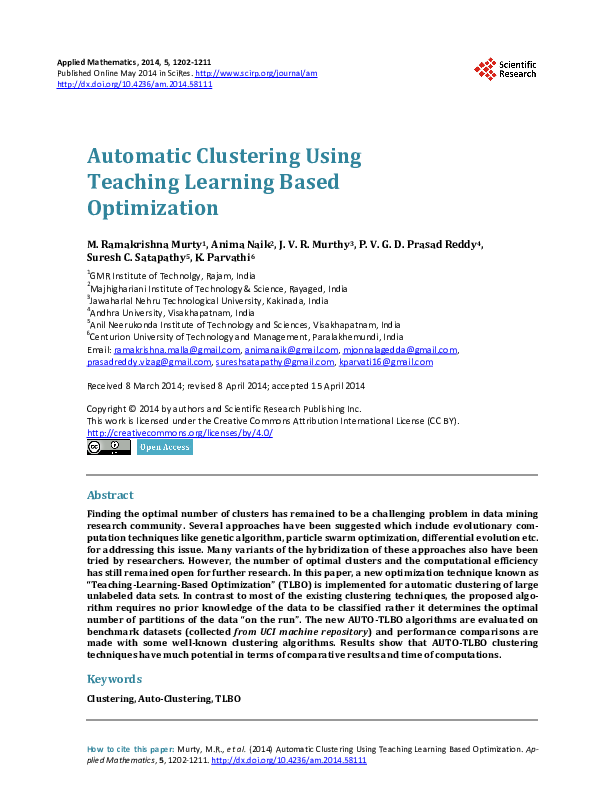 (PDF) Automatic Clustering Using Teaching Learning Based Optimization
