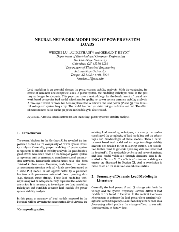 (PDF) Neural Network Modeling of Power System Loads