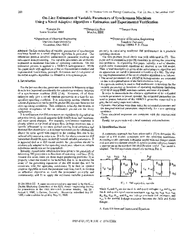 Pdf On Line Estimation Of Variable Parameters Of Synchronous Machines Using A Novel Adaptive