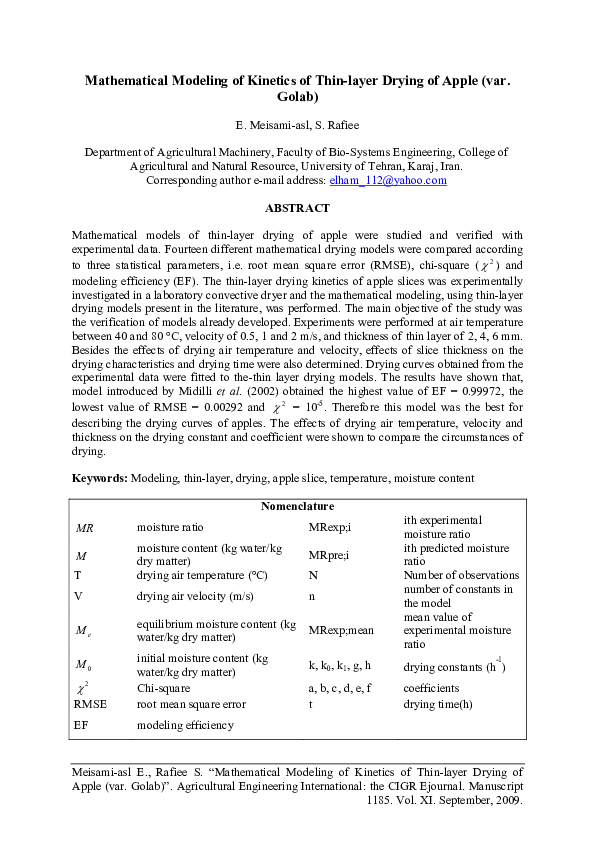 Pdf Mathematical Modeling Of Kinetics Of Thin Layer Drying Of Apple
