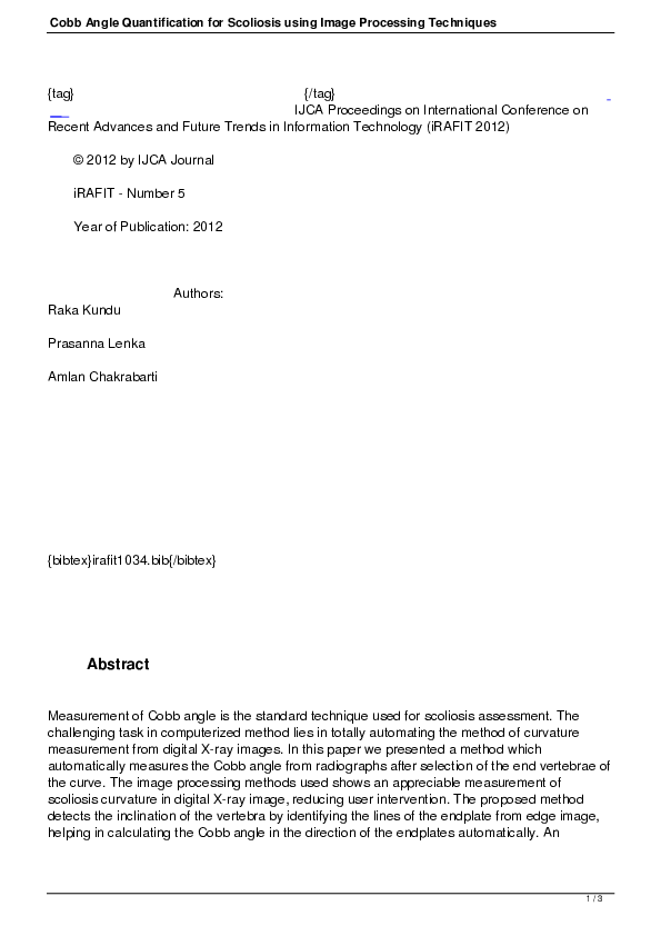 (PDF) Cobb Angle Quantification for Scoliosis Using Image Processing Techniques