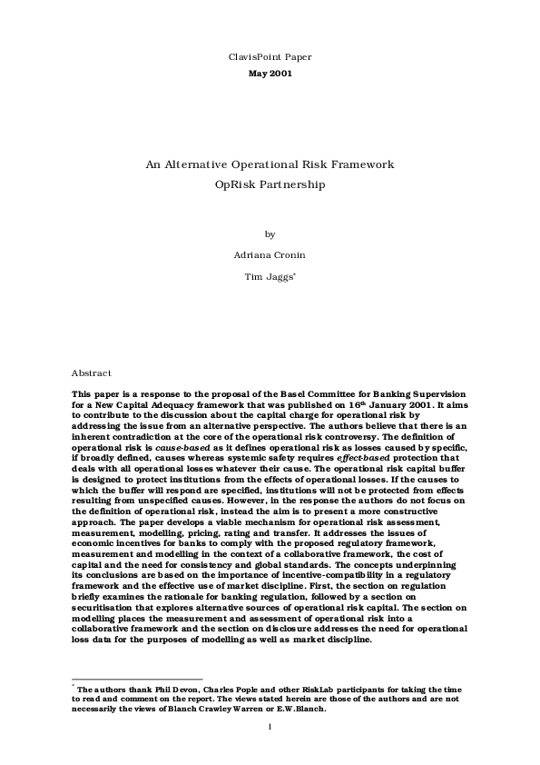 (PDF) An Alternative Operational Risk Framework OpRisk Partnership