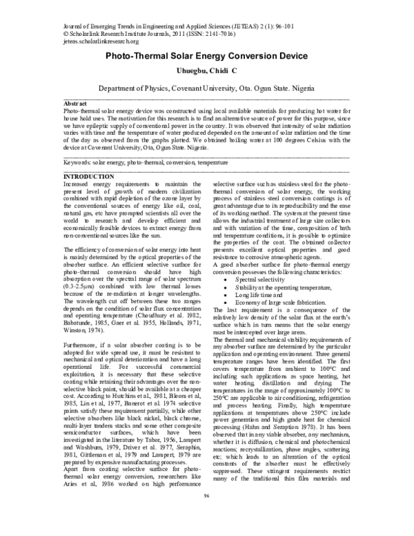 (PDF) Photo-Thermal Solar Energy Conversion Device
