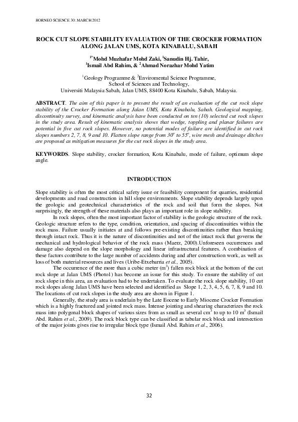 (PDF) Rock Cut Slope Stability Evaluation of the Crocker Formation ...