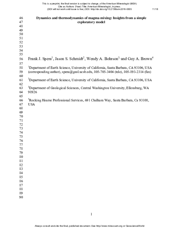(PDF) Dynamics and thermodynamics of magma mixing : Insights from a ...
