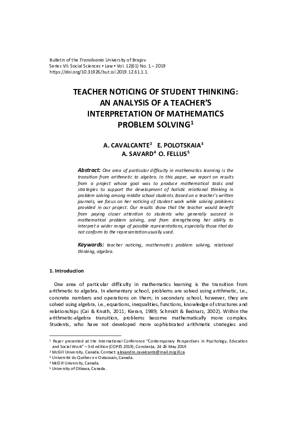(PDF) Teacher Noticing of Student Thinking: An Analysis of a Teacher’s ...