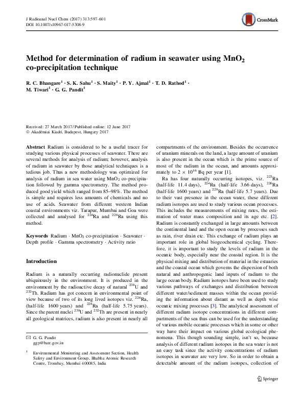 Pdf Method For Determination Of Radium In Seawater Using Mno2 Co Precipitation Technique