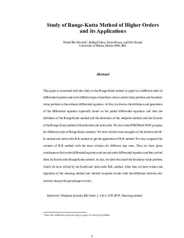 (PDF) Study of Runge-Kutta Method of Higher orders and its Applications