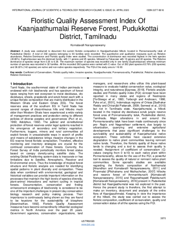 (PDF) Floristic Quality Assessment Index of Kaanjaathumalai Reserve ...