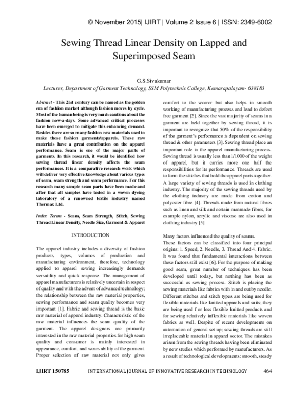 (PDF) Sewing Thread Linear Density on Lapped and Superimposed Seam
