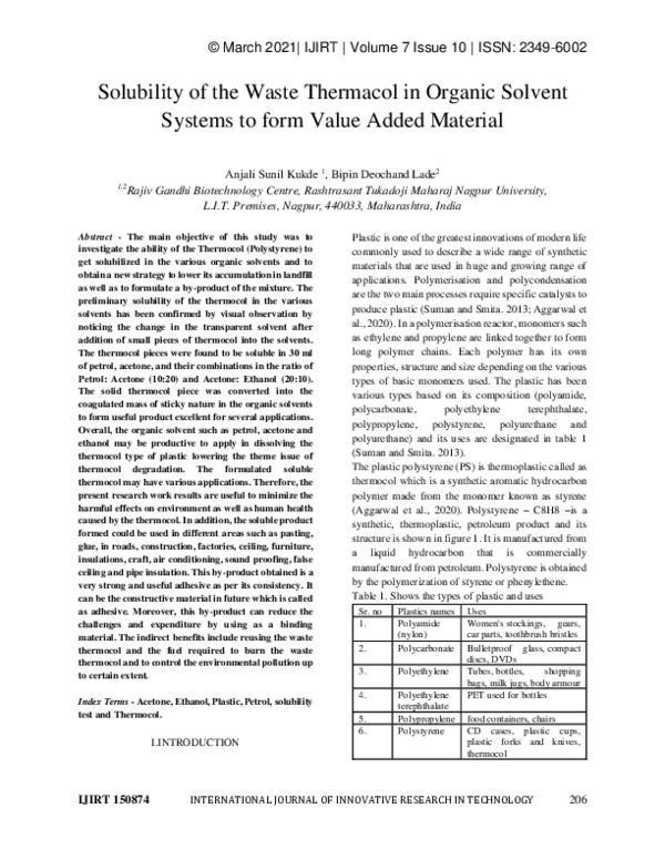 (PDF) Solubility of the Waste Thermacol in Organic Solvent Systems to ...