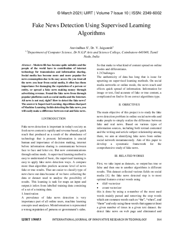 (PDF) Fake News Detection Using Supervised Learning Algorithms | IJIRT ...